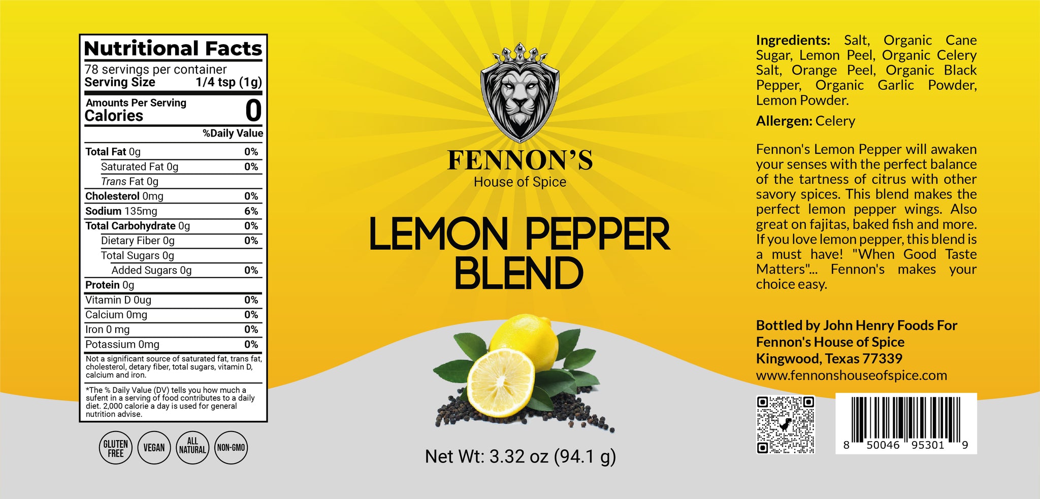 LEMON PEPPER BLEND - Low Sodium. The raw ingredients are: 50% Single-O ...